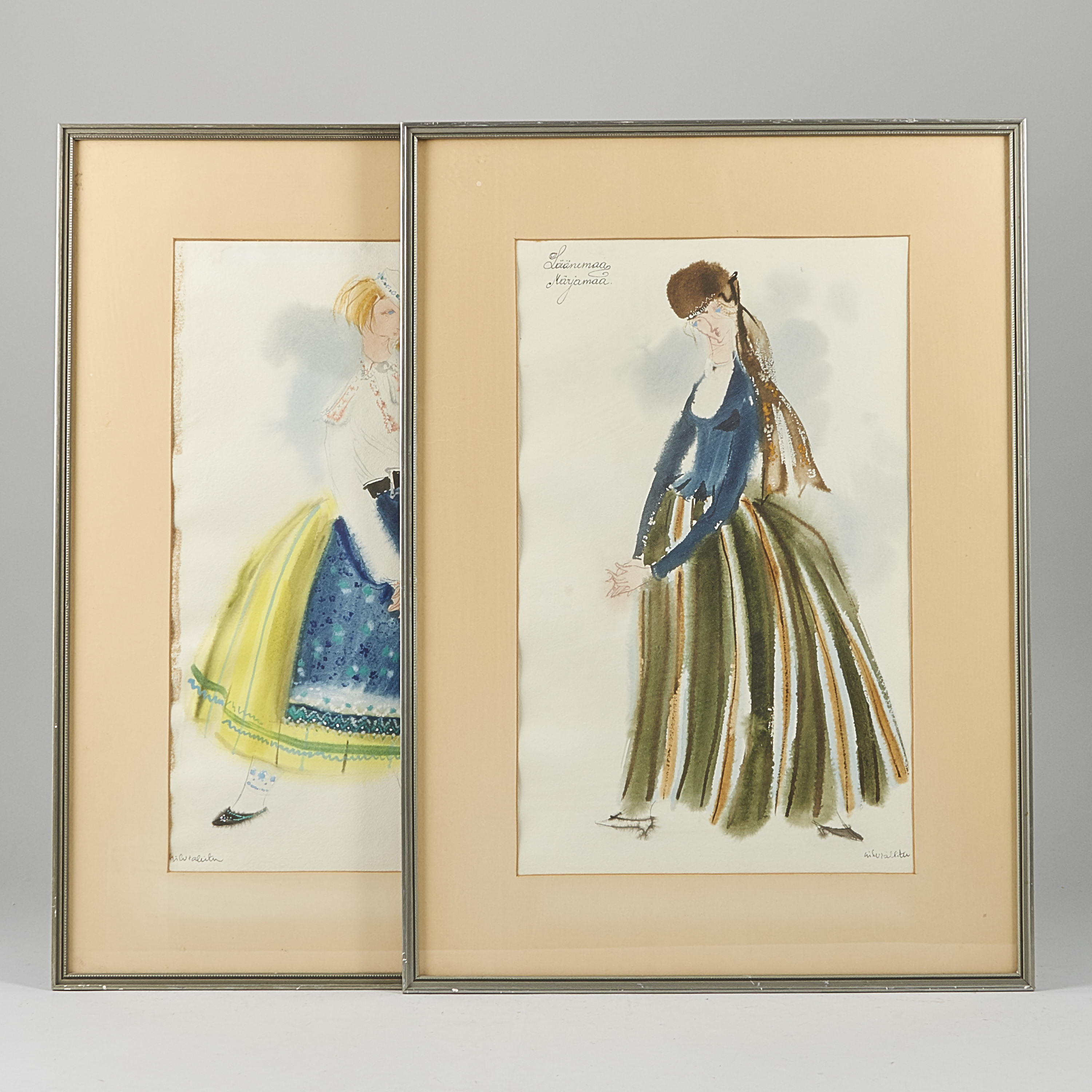 Akavreller, 2 st. Silvia Leitu (1912-1969), folkdräkter, signerade, 45x27. Metropol - Auktioner ...